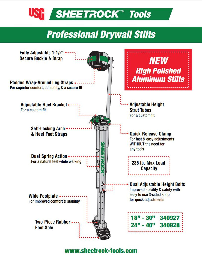 USG Sheetrock Aluminum Drywall Stilts 18-30” – 235 lb Capacity ...